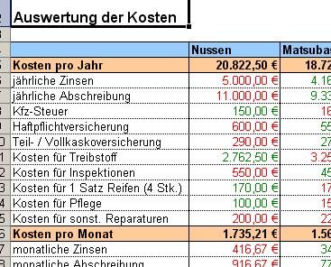 Excel-Tool: Kfz-Kosten im Vergleich, Berechnung Kosten je km